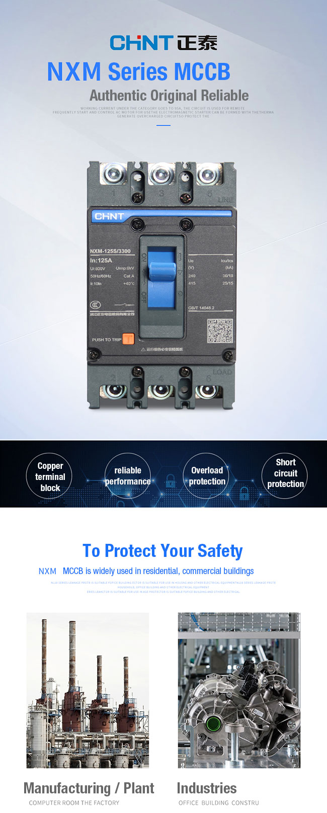 Chint NXM Molded Case Circuit Breaker 3 Pole 4 Pole NXM-63 125S 250S 400S 630S 380V 415V Icu up ...