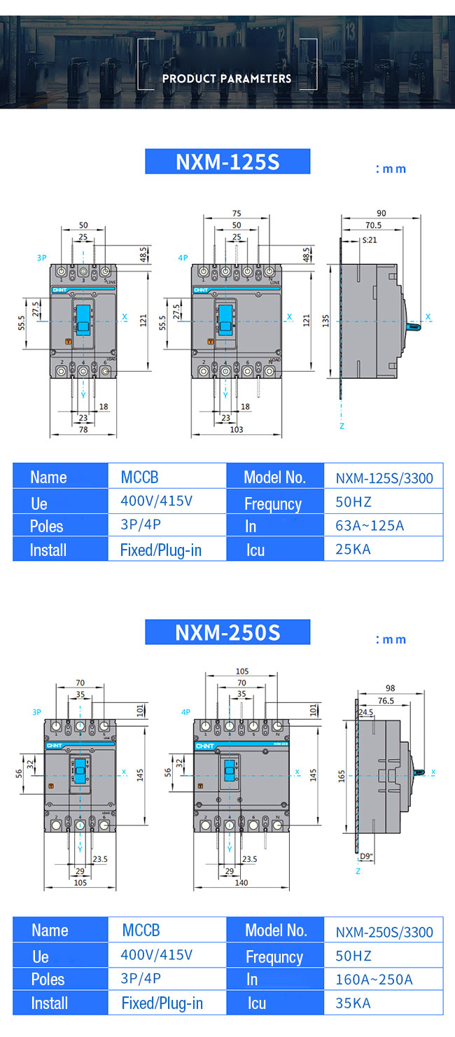 Chint NXM Molded Case Circuit Breaker 3 Pole 4 Pole NXM-63 125S 250S 400S 630S 380V 415V Icu up ...