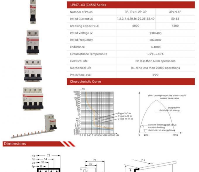 63A 1P 2P 3P 4P 230V Sp Dp mcb miniature circuit breaker IEC60898 C10 6kA